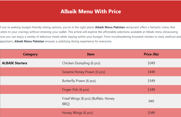Albaik Menu With Price 2026